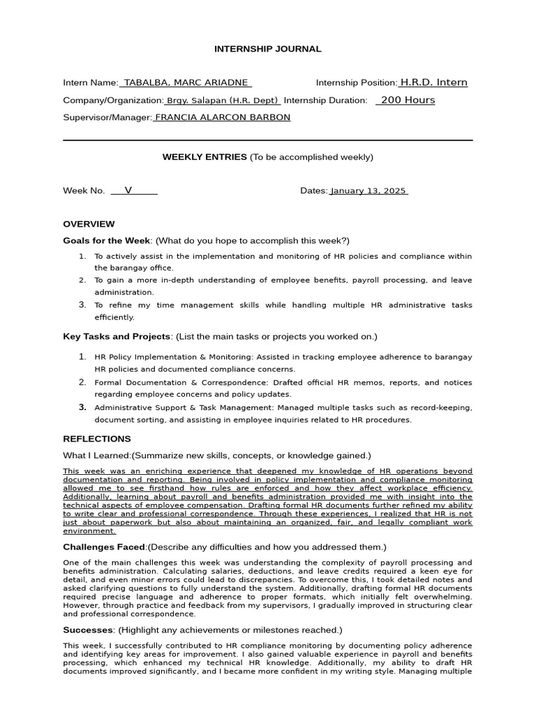 Internship Journal Week V | PDF | Regulatory Compliance | Policy