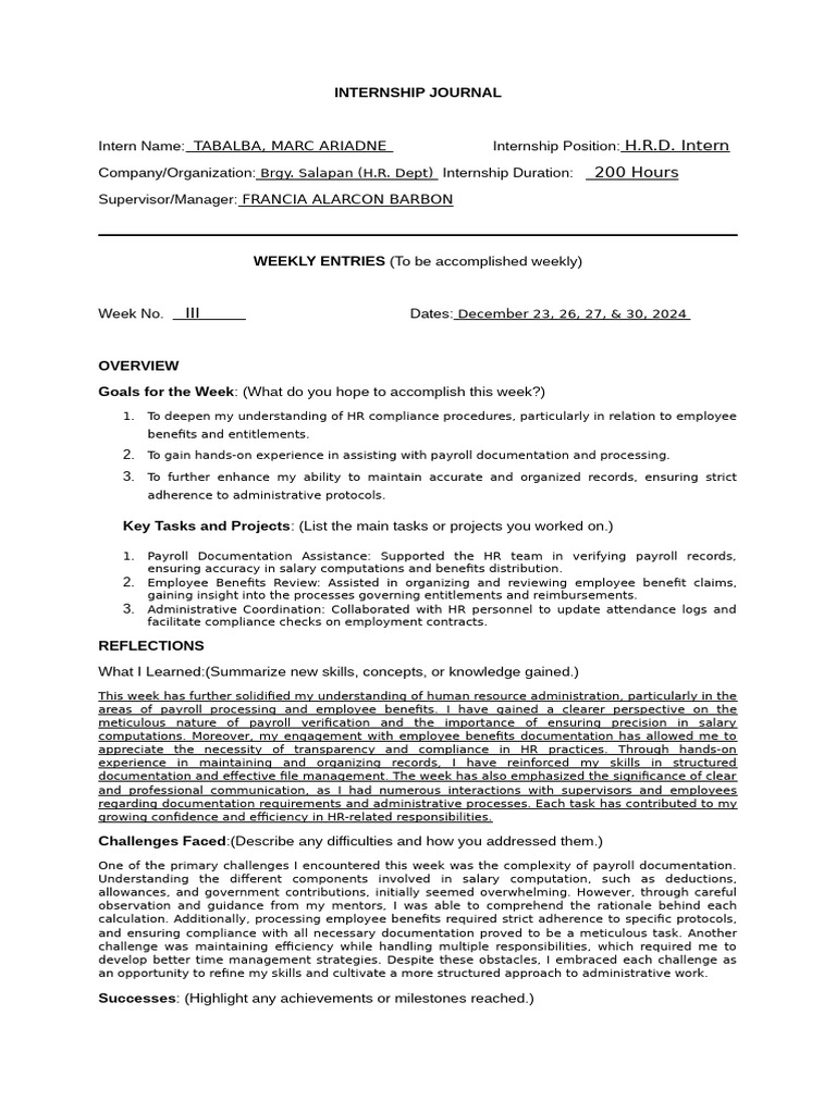 Internship Journal Week 3 | PDF | Mentorship | Regulatory Compliance