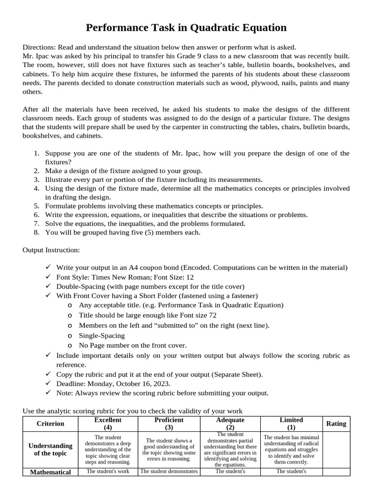 Performance Task On Quadratic Equations | PDF | Accuracy And Precision ...