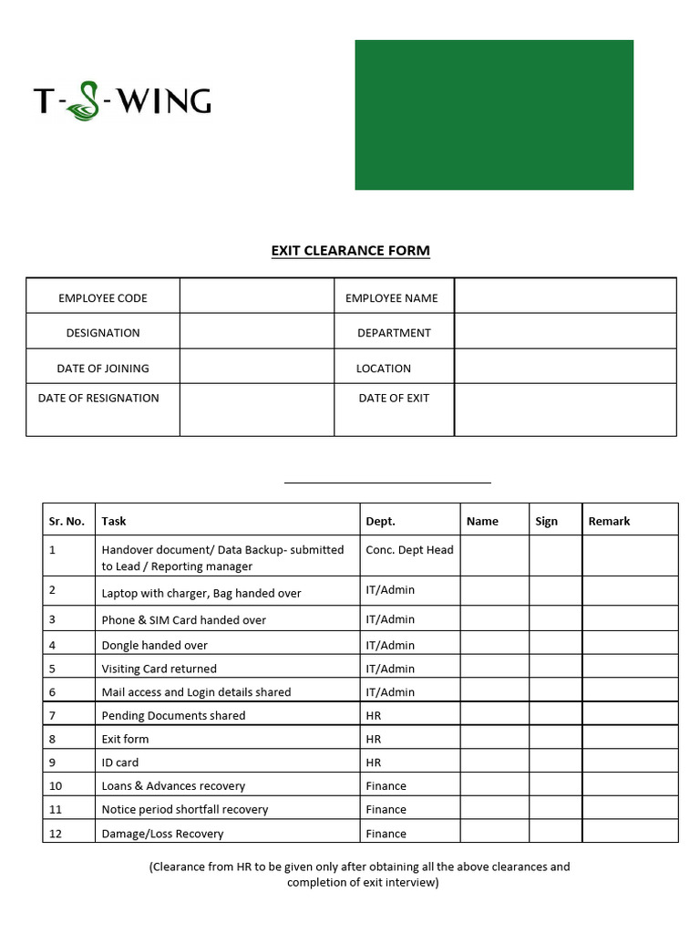 T-Swing - Exit Clearance Form (1) (1) (2) (1) | PDF | Authentication | Access Control