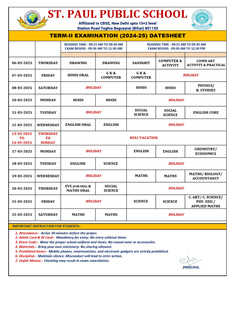Term-II Exam (2024-25) Datesheet | PDF
