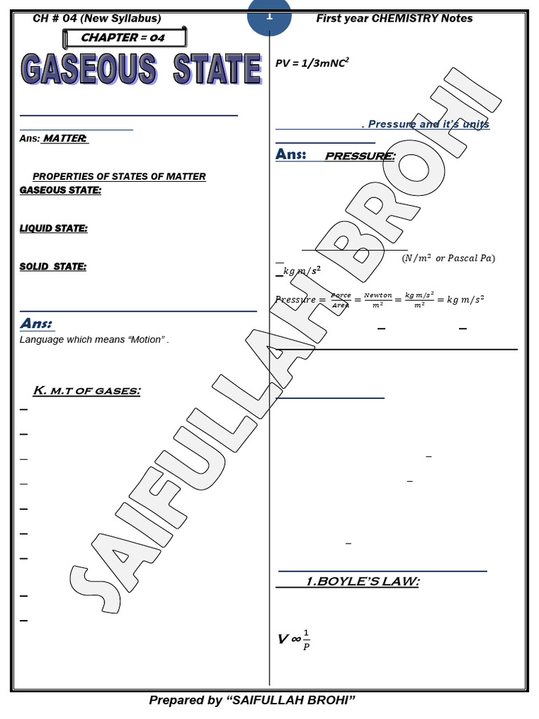 First Year Chemistry Notes: States of Matter | PDF | Gases | Temperature
