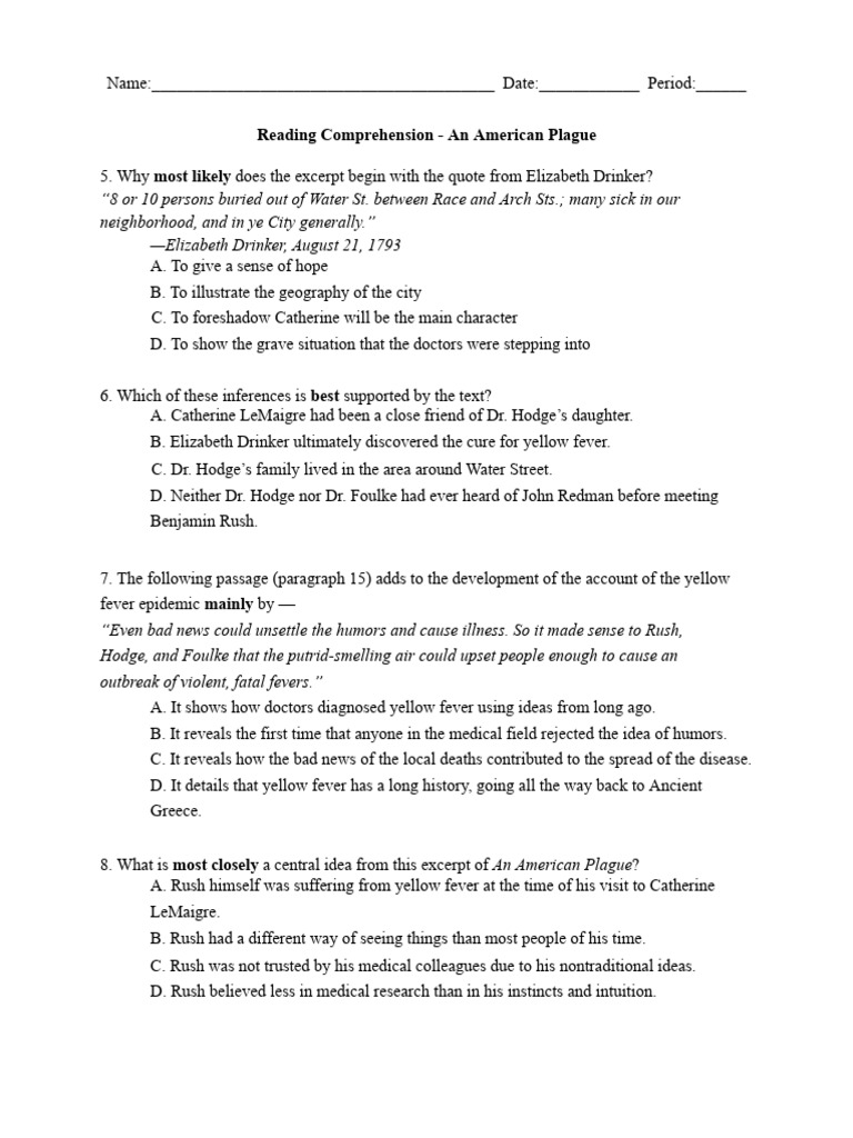 Reading Comprehension - Fever 1793 & An American Plague | PDF