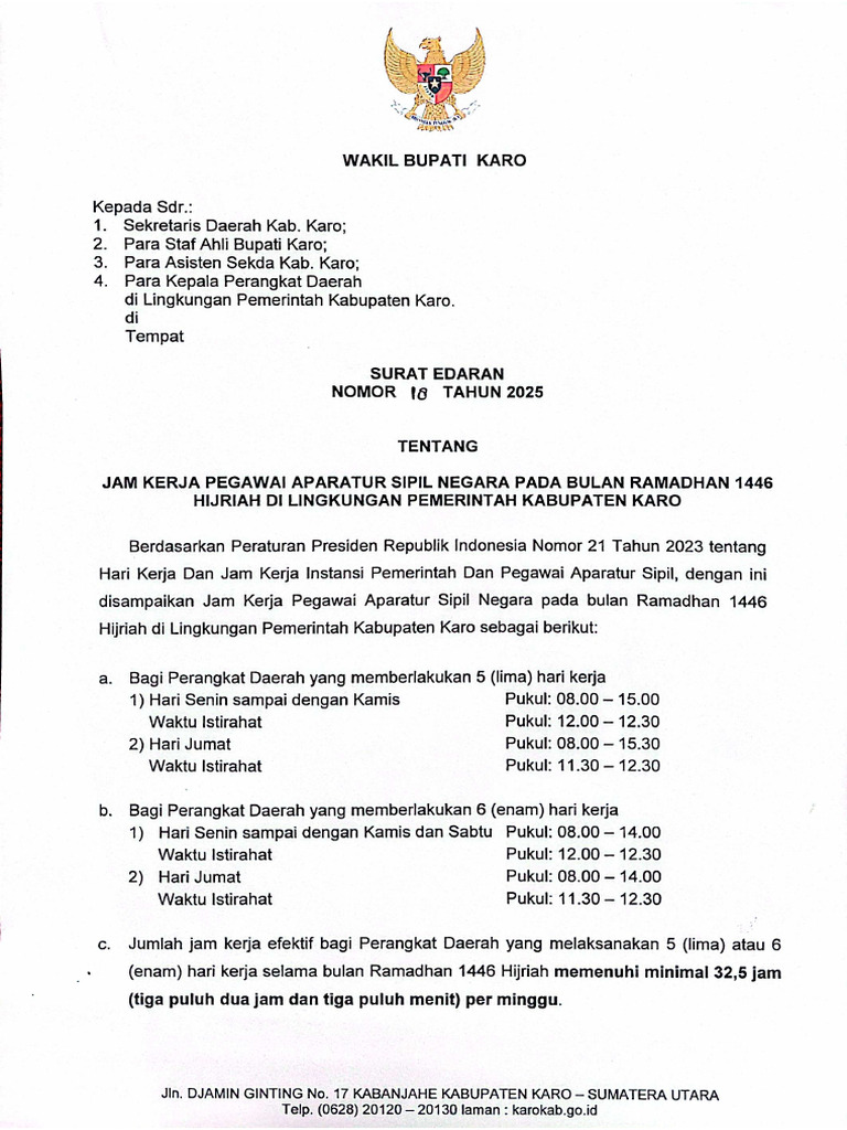 SE Jam Kerja ASN Bulan Ramadhan 1446 | PDF