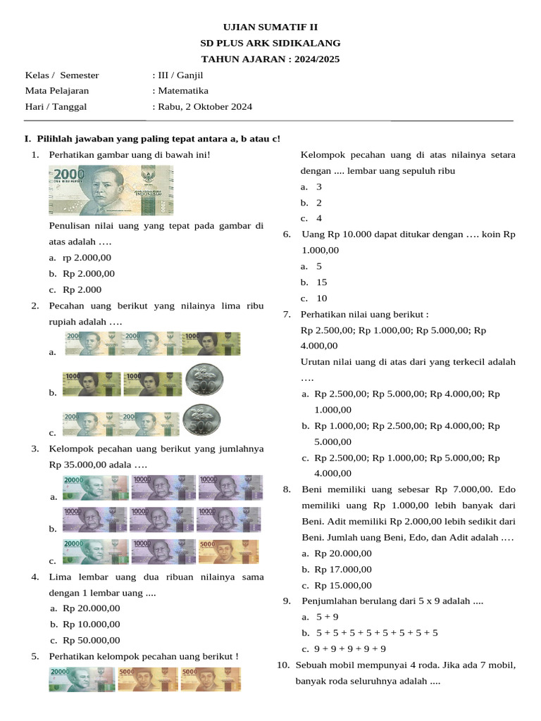 Ujian Sumatif II Matematika Kelas 3 Fixed | PDF