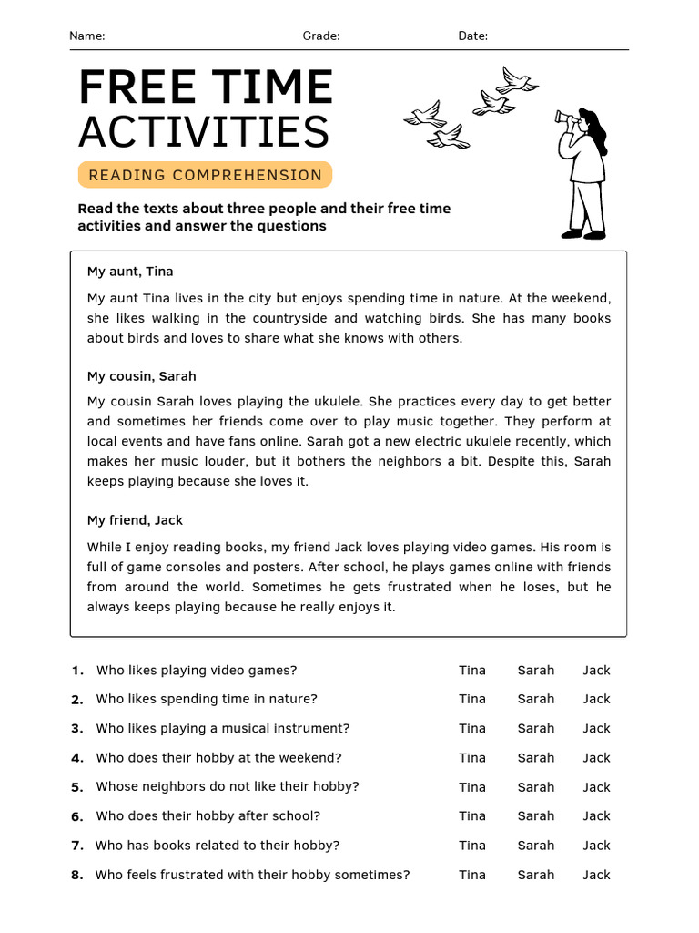 Free Time Activities Reading Comprehension Activity Worksheet in ...