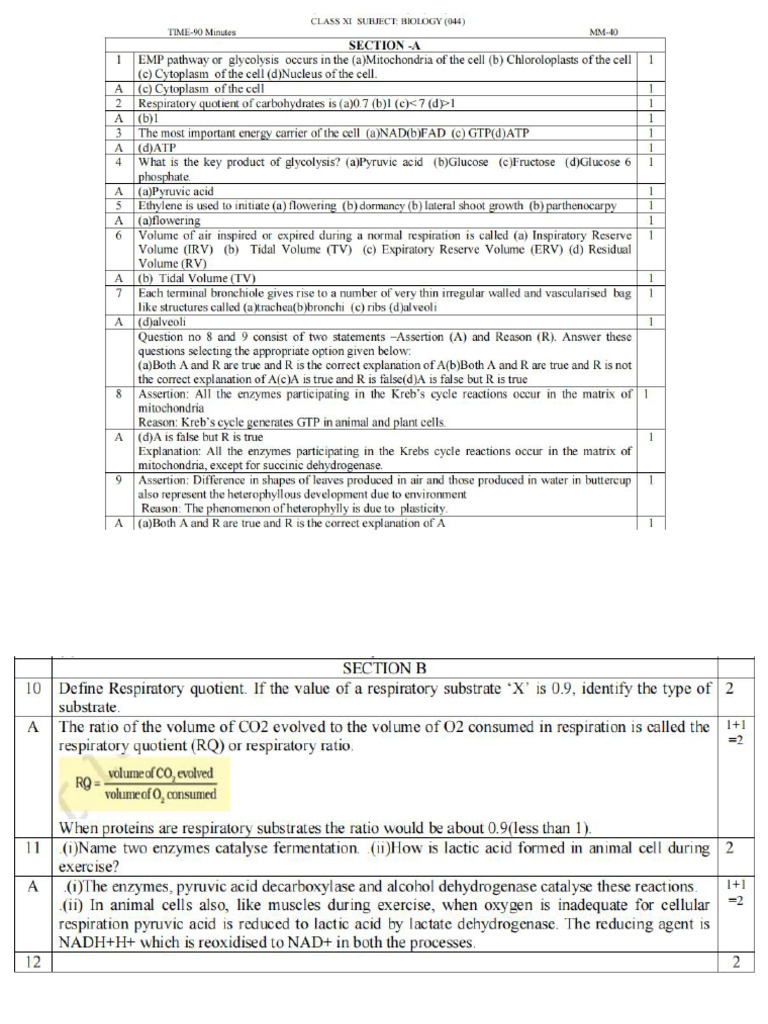 BIOLOGY SAMPLE PAPER CLASS 11 | PDF