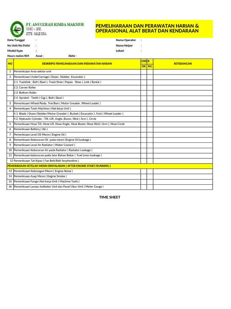 Form P2H Pemeliharaan Alat Berat | PDF