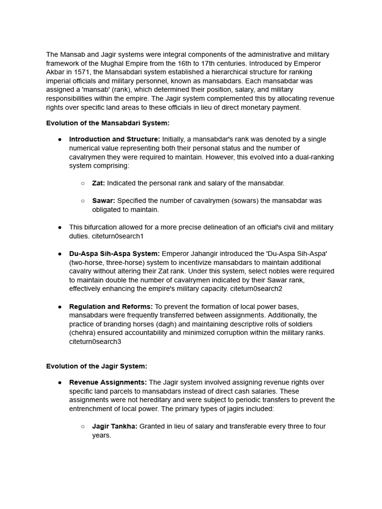 The Mansab and Jagir systems were integral components of the ...