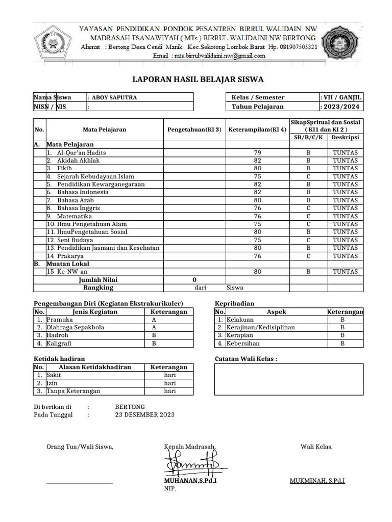 Blangko Raport K13 MTs - Birrul - Kelas 7 | PDF