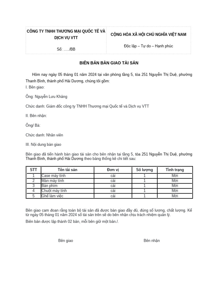 Biên B N Bàn Giao Tài S N VTT | PDF