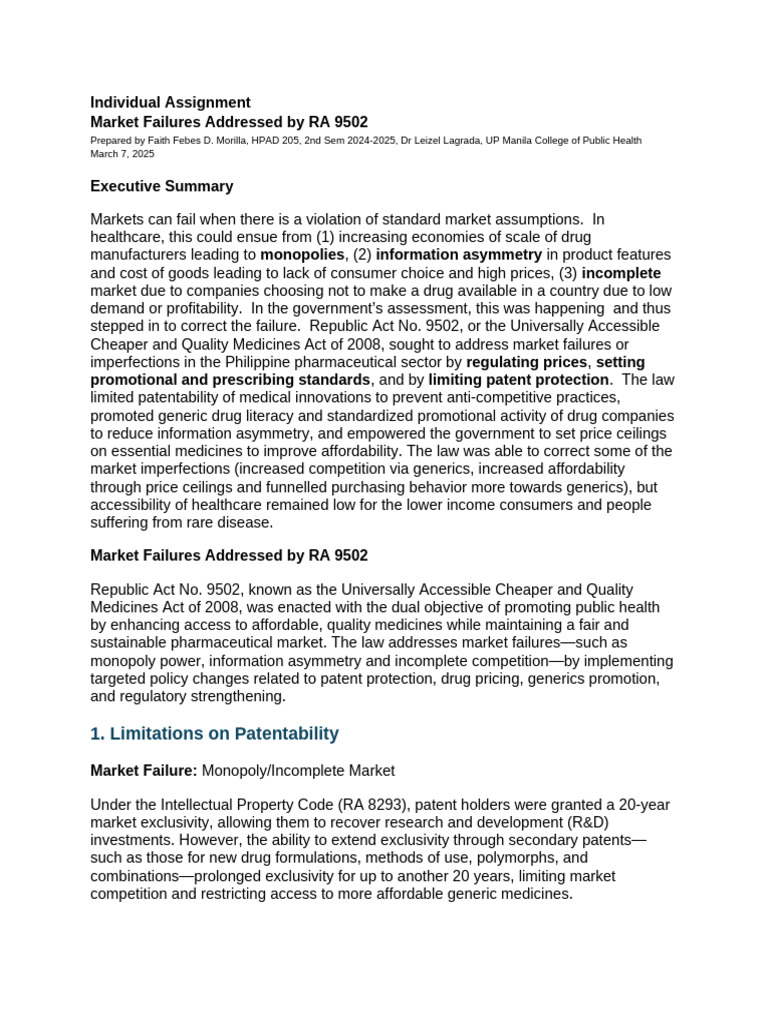Market Failures Addressed by RA 9502 | PDF | Generic Drug | Health Care