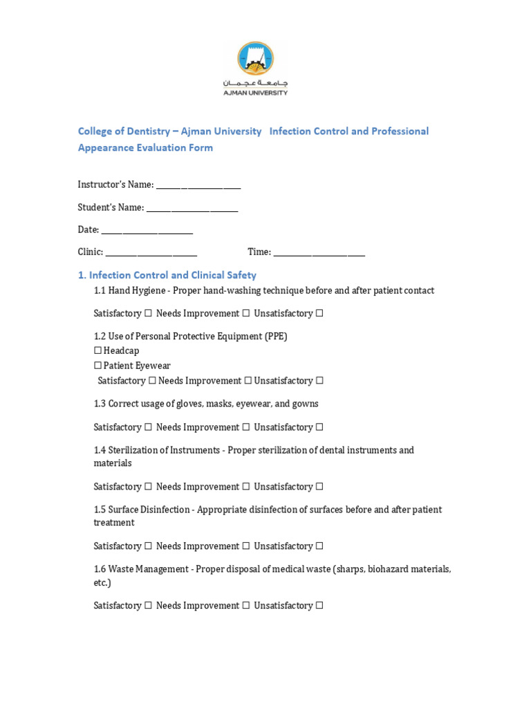 Infection Control Professional Appearance Evaluation Form | PDF