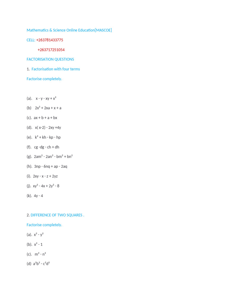 Factorisation Questions at Mascoeedu | PDF