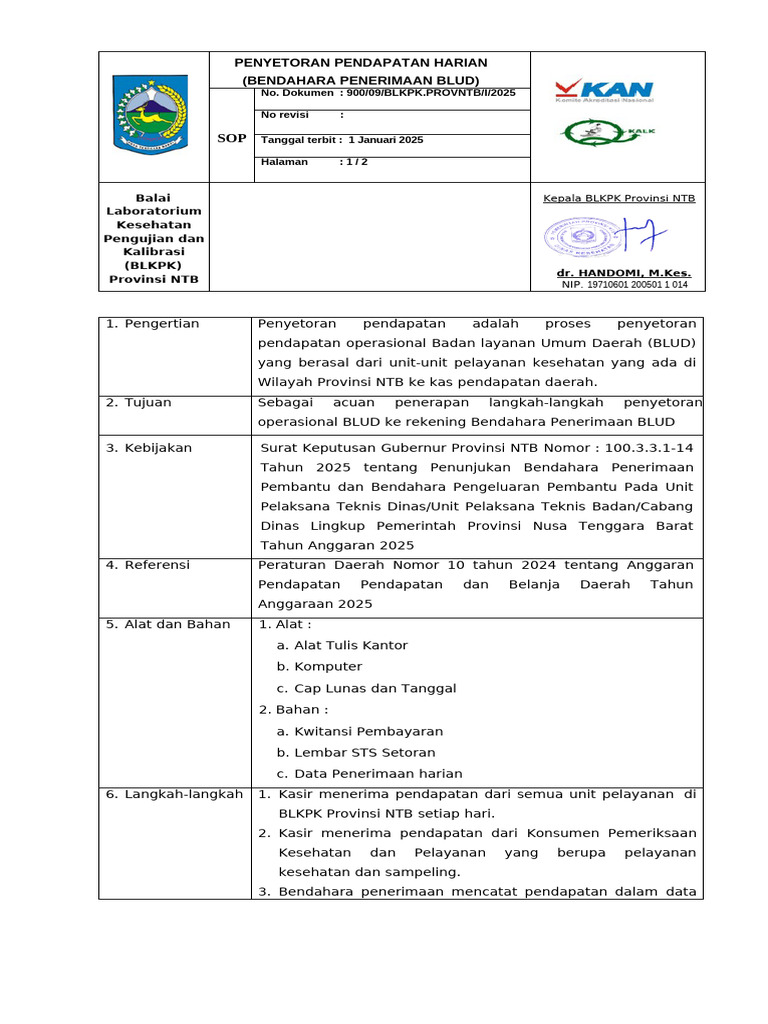 SOP Penyetoran Pendapatan BLUD | PDF