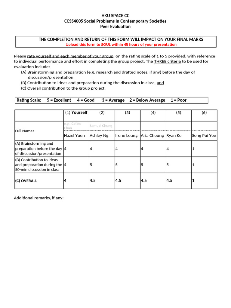 Peer Evaluation for Group Project | PDF