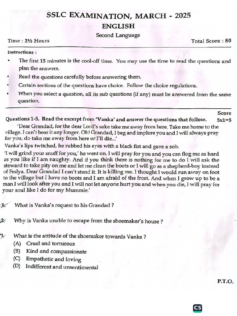 English Question Paper SSLC 2025 | PDF
