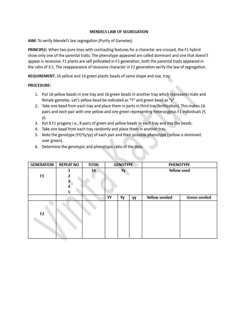 MENDELS LAW OF SEGREGATION | PDF | Dominance (Genetics) | Biological ...