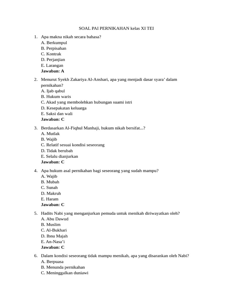SOAL PAI PERNIKAHAN Kelas XI TEI | PDF