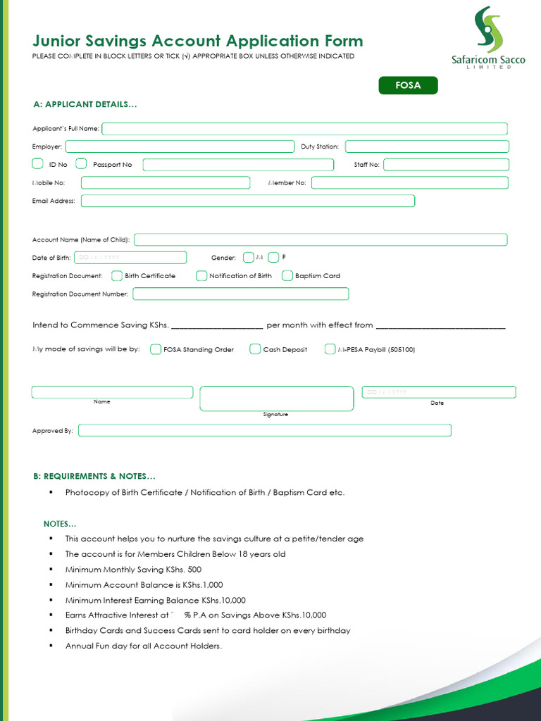 SACCO Junior Savings Account Application Form | PDF