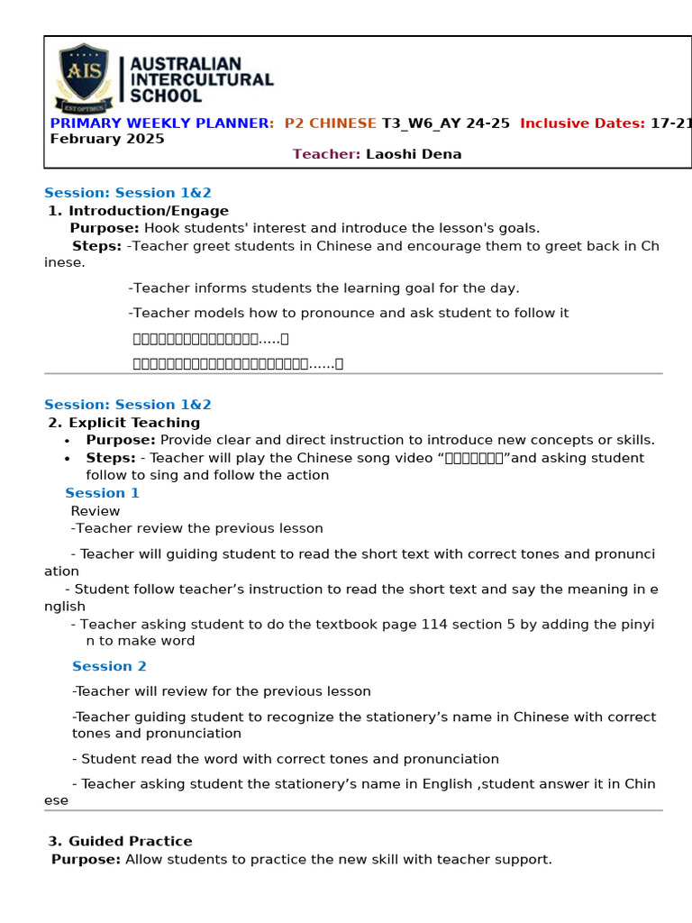 P2 Chinese (Regular) - T3 - W6 - Ay 24-25 | PDF | Behavior Modification | Learning