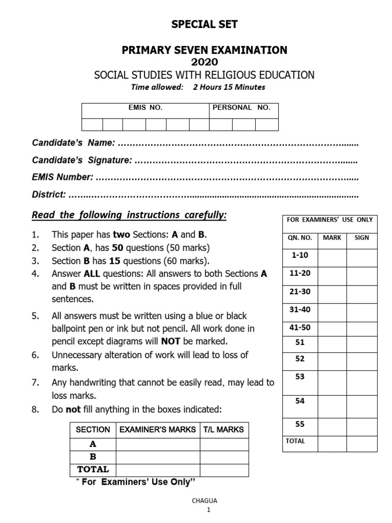 P7 Social Studies With Religious Education Special Set Examinations 2020. | PDF | Uganda | East ...