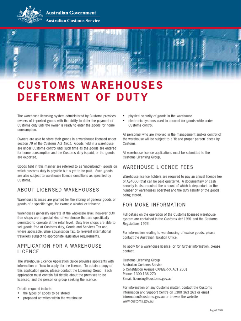 Customs Warehouse Defer Duty Factsheet | PDF | License | Customs
