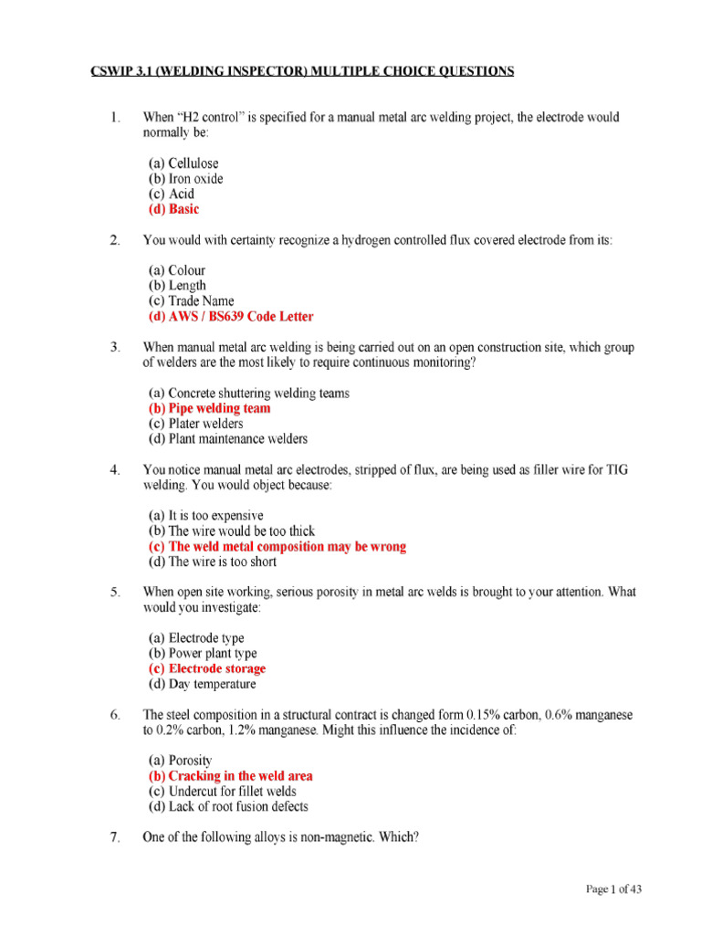 CSWIP Questionaire | PDF