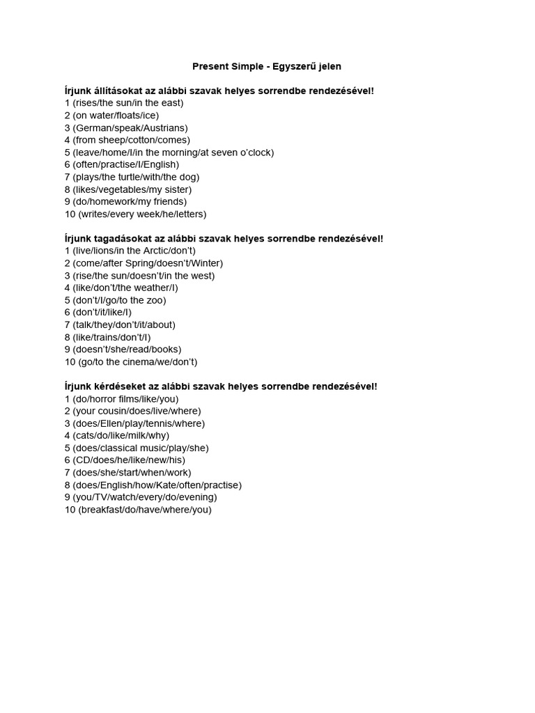 Present Simple Sentence Exercises | PDF