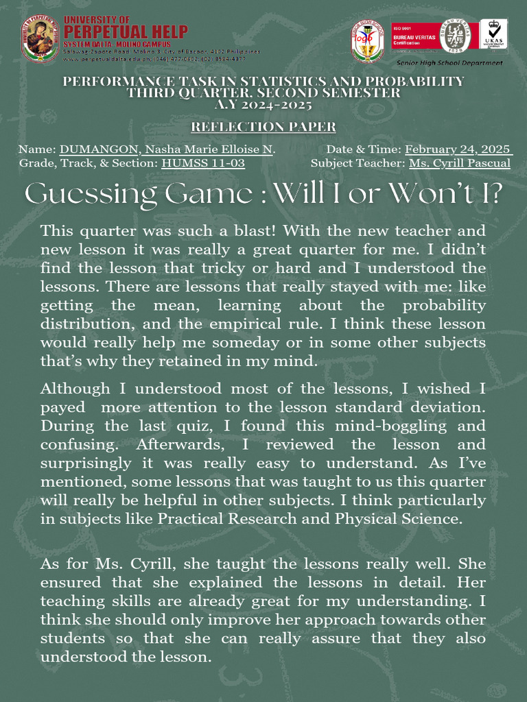 Reflection Paper in Statistics and Probability - Dumangon | PDF