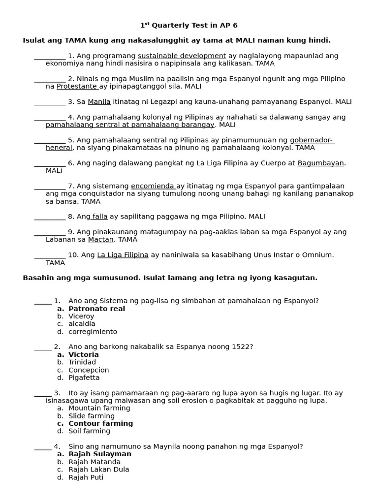 1st Quarterly Test in AP 6 | PDF