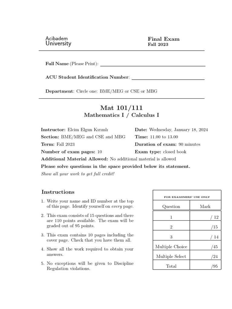 Calculus 1 Fall 2023 Final Exam | PDF | Mathematical Analysis | Mathematics