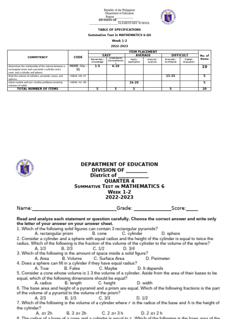 ST1_ 6_MATHEMATICS Q4 | PDF | Sphere | Volume