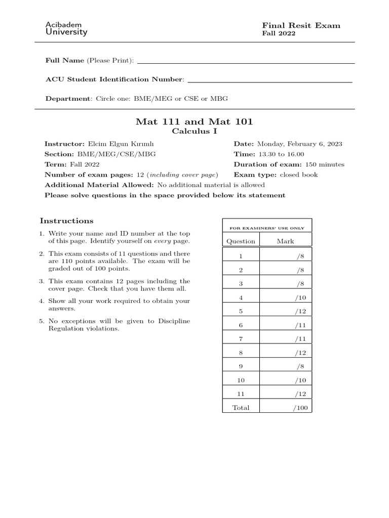 Calculus 1 Fall 2022 Final Exam 2 Pdf Function Mathematics