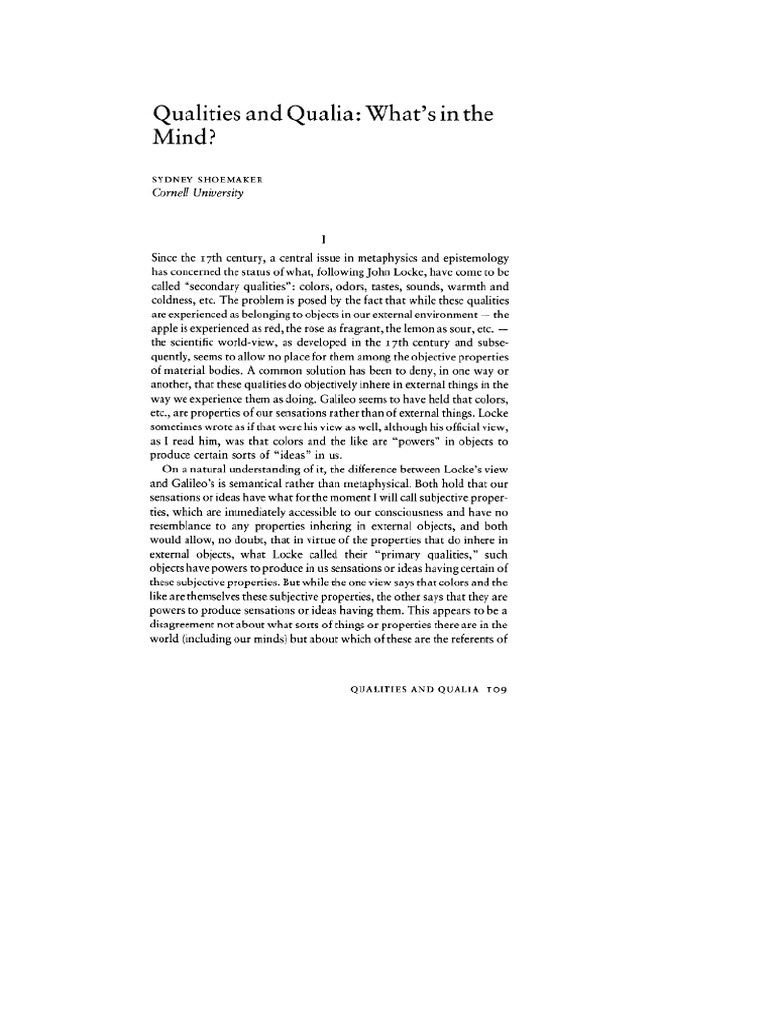 Qualities and Qualia Whats in The Mind | PDF