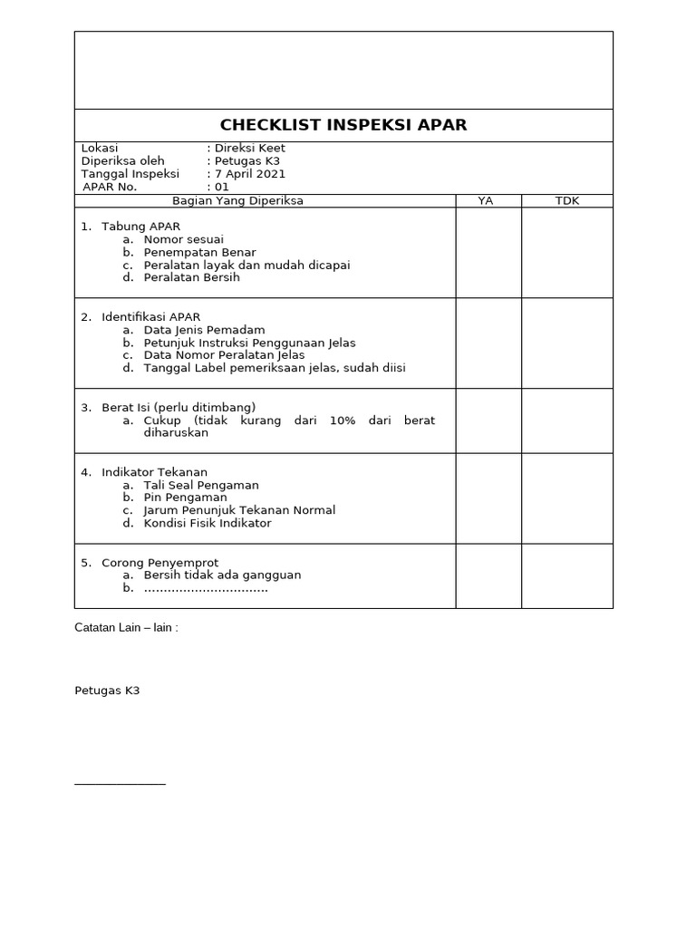 Checklist Inspeksi APAR | PDF