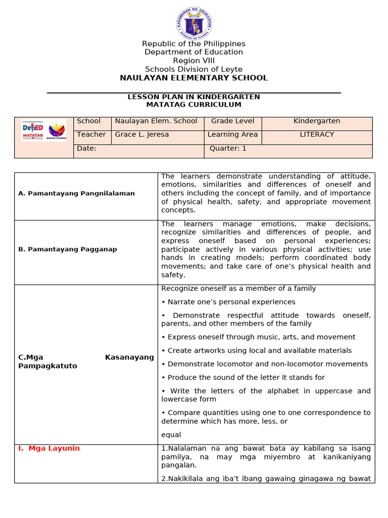 CO 1 MATATAG CO-DLP-Kinder-Q1-Week 7 | PDF | Teachers | Learning