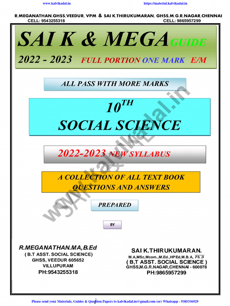 10th Social Science One Marks Question Bank English Medium | PDF
