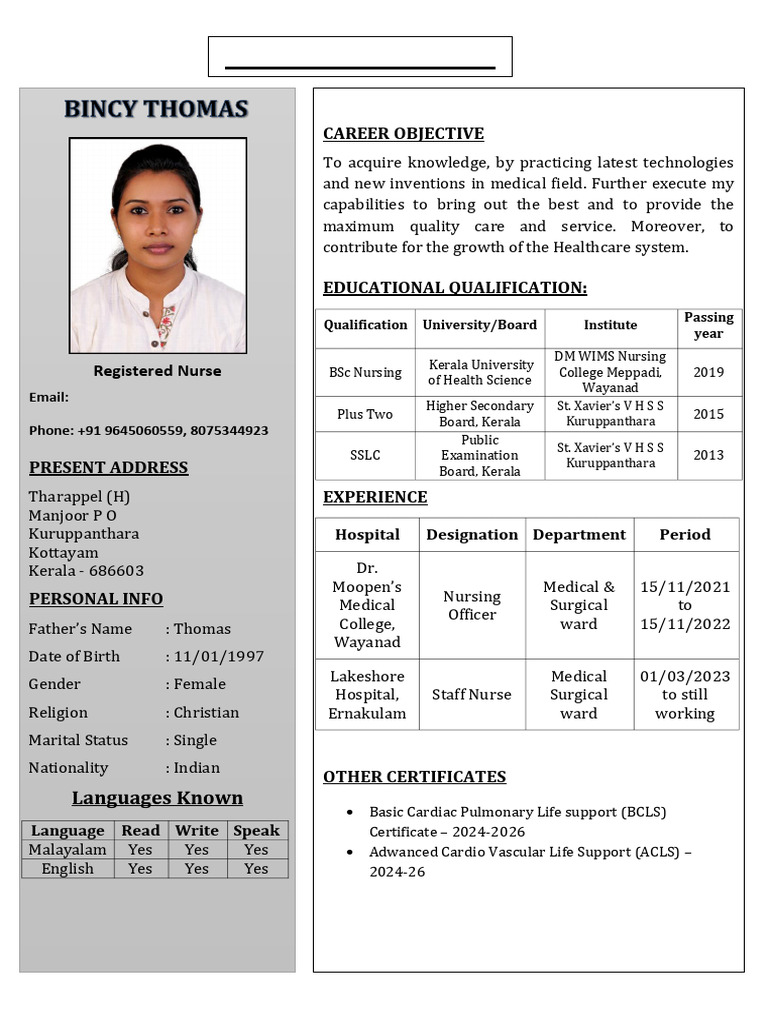 Bincy Antony's Nursing CV | PDF | Hospital | Medicine