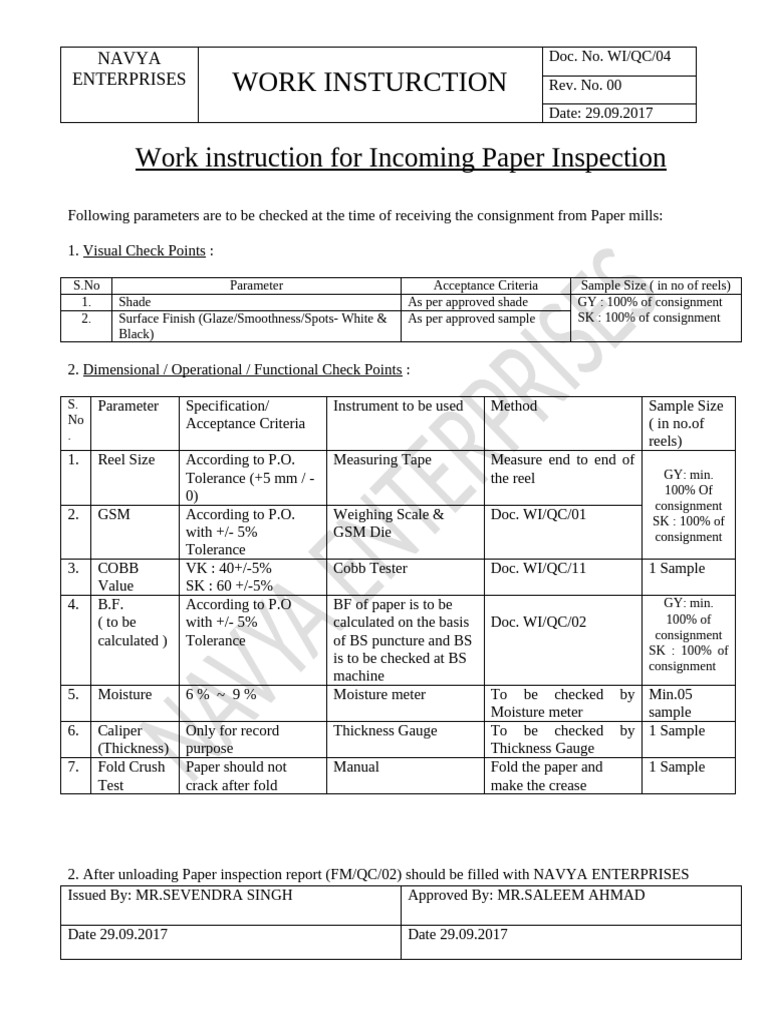 Incoming Paper Inspection Work Instruction | PDF