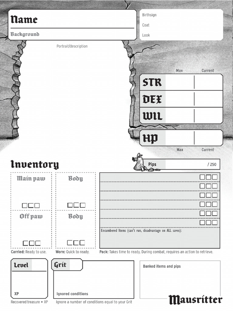 Mausritter Character Sheet Form Fillable A4 | PDF