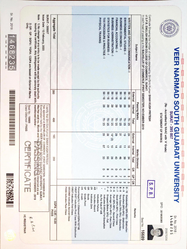 Sem 1 Marksheet (Original) | PDF