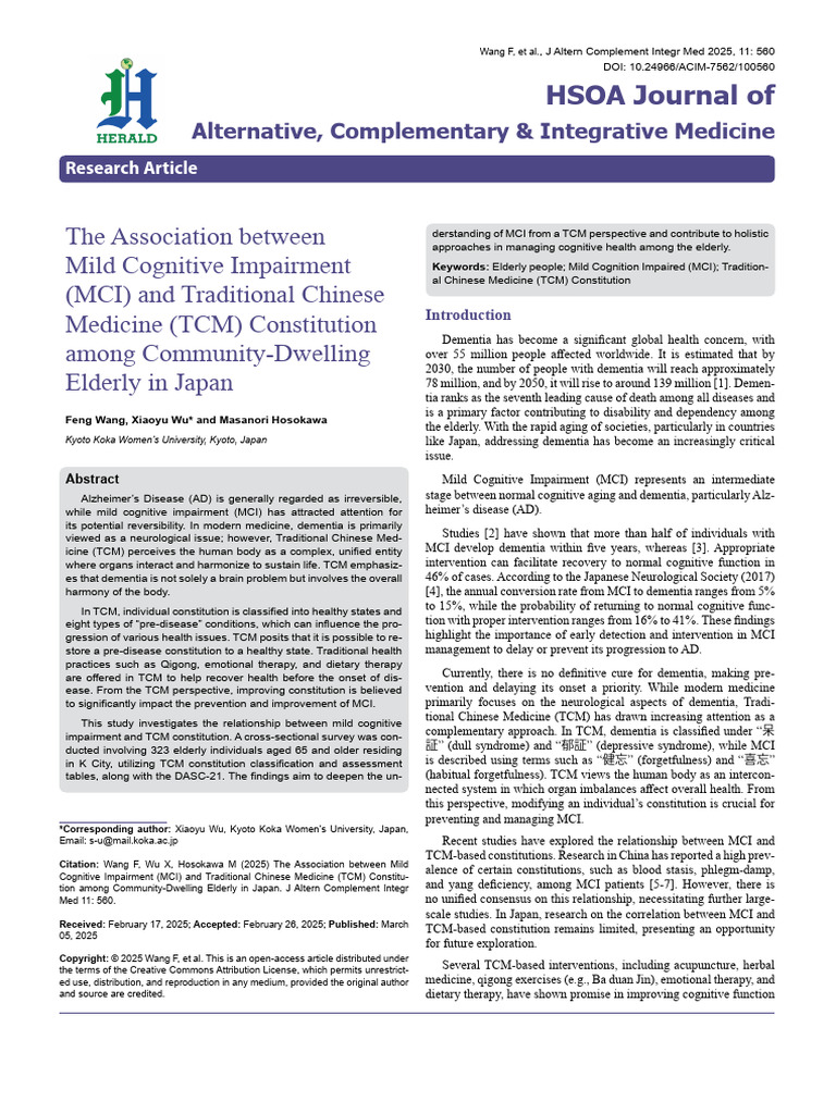 The Association Between Mild Cognitive Impairment Mci and Traditional ...