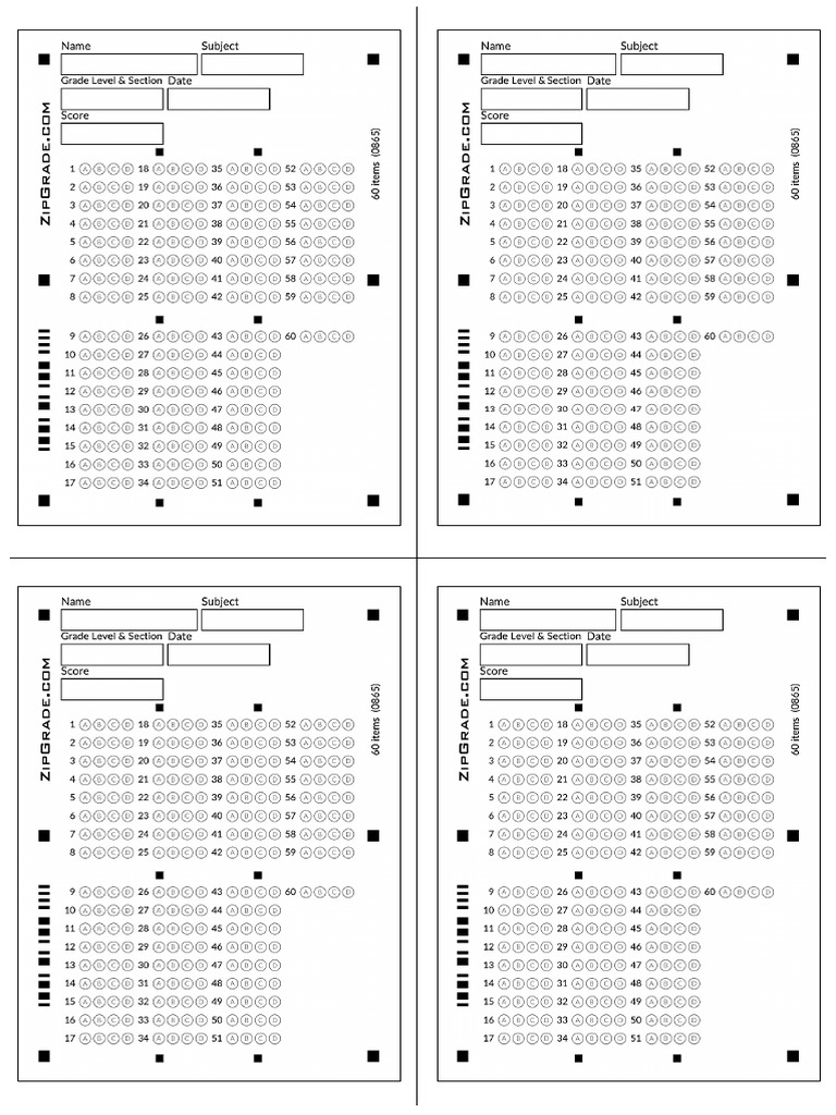 Zip Grade 60 Items Answer Sheet For Shading | PDF