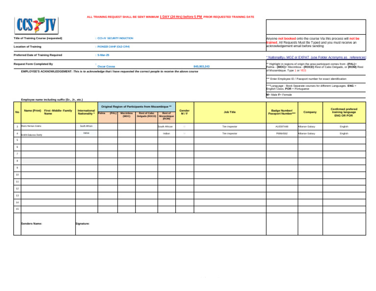 Revised CCSJV - Security Induction Request Form - 05-03-2025 | PDF ...