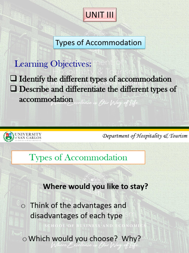 Unit 3 Types of Accommodation | PDF | Hotel | Motel