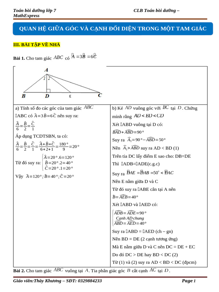 HDBTVN 7.1C QUAN HỆ GIỮA GÓC VÀ CẠNH ĐỐI DIỆN TRONG TAM GIÁC | PDF
