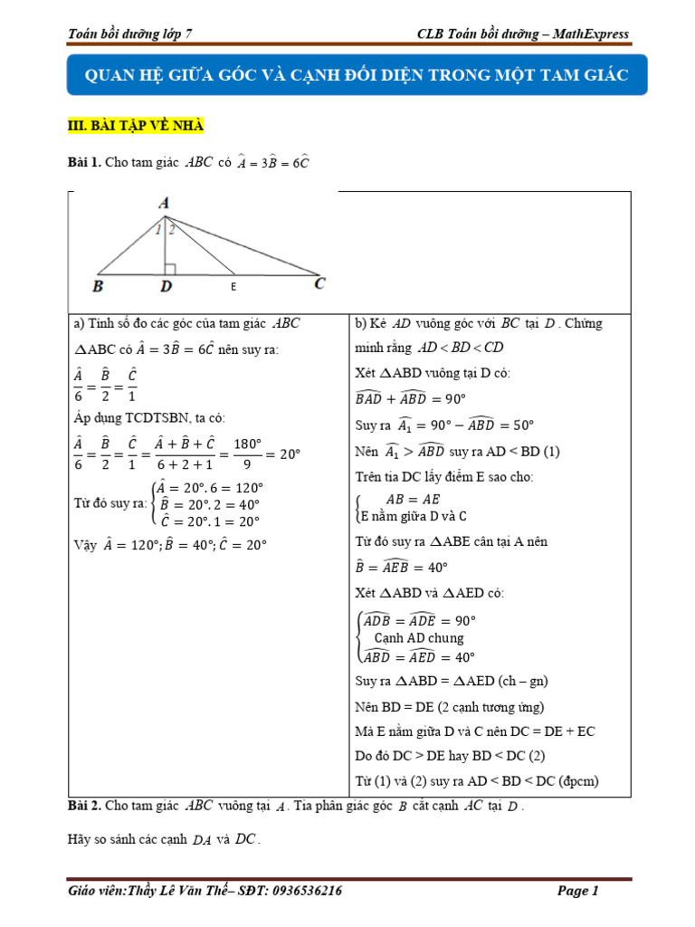 HDBTVN 7.1C QUAN HỆ GIỮA GÓC VÀ CẠNH ĐỐI DIỆN TRONG TAM GIÁC - Copy | PDF