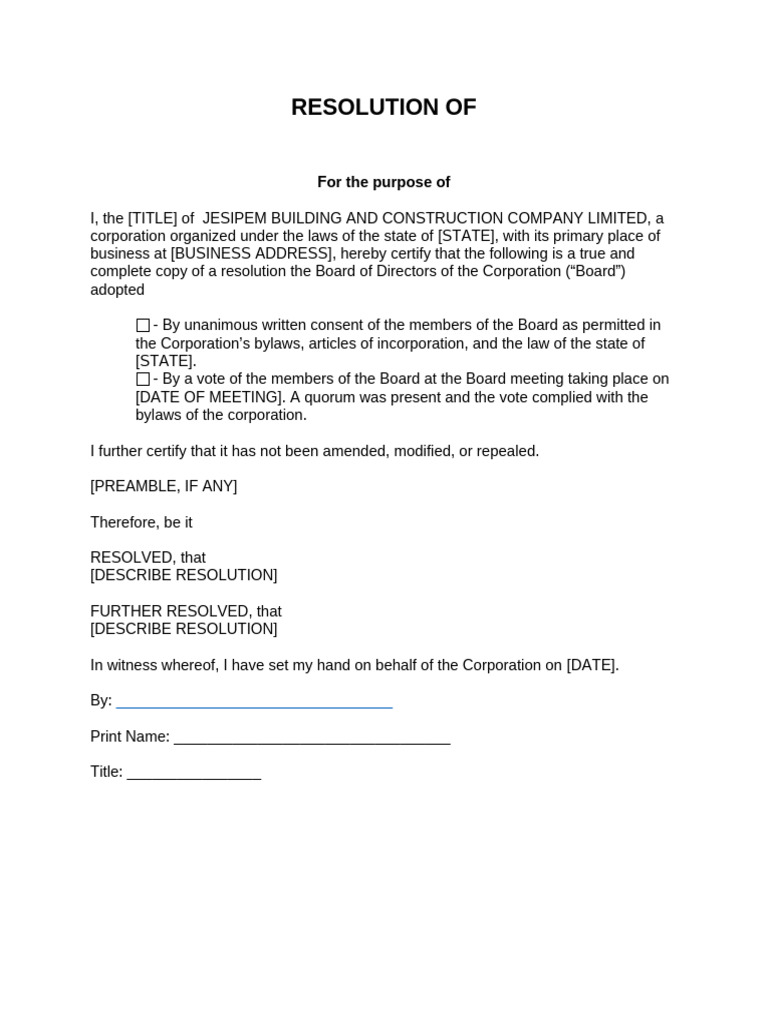 Corporate Resolution Form | PDF