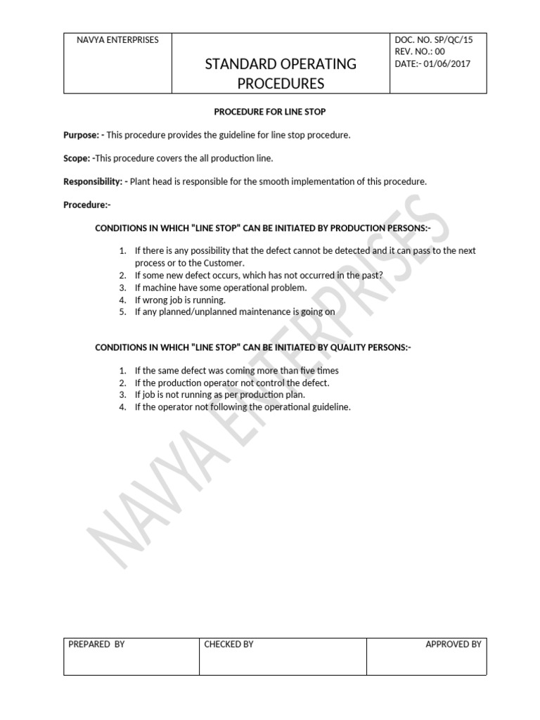Line Stop Procedure SOP for Production | PDF